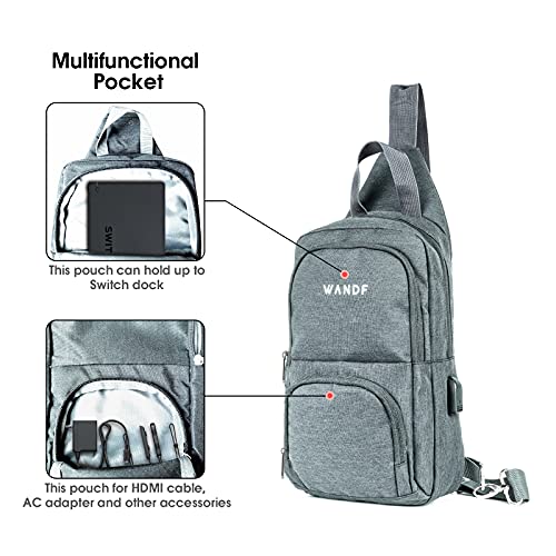 WANDF Switch Travel Bag, for Nintendo Switch Console, Dock, Joy-Con Grip & Switch Accessories, Protective Storage Sling Backpack Shoulder Bag for Nintendo Switch and iPad (Grey)
