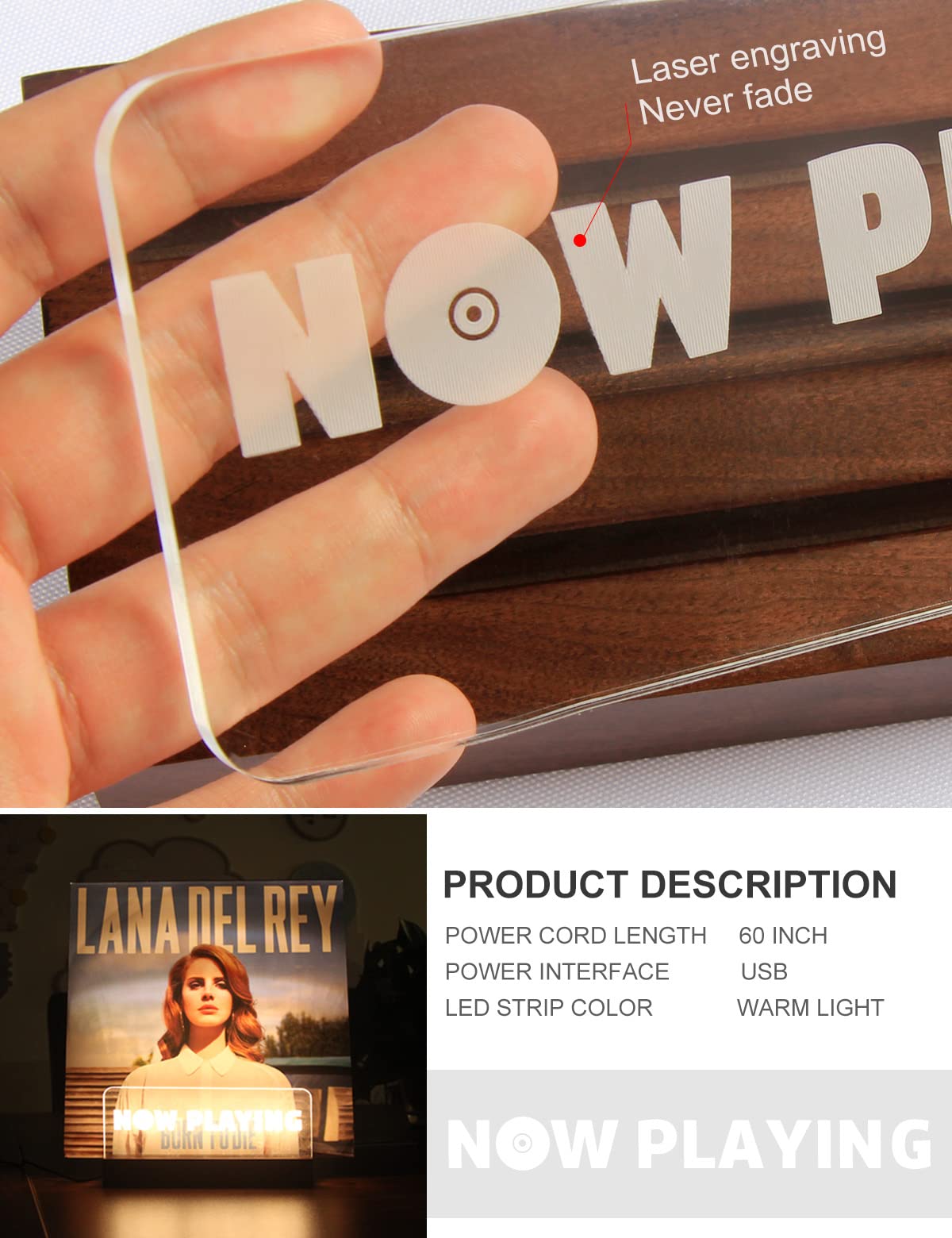 POSVIU Now Playing Vinyl Record Stand - LED Lighting Display, Solid Walnut & Acrylic,Vinyl Record Holder for LP Albums, Warm Lights (Walnut)