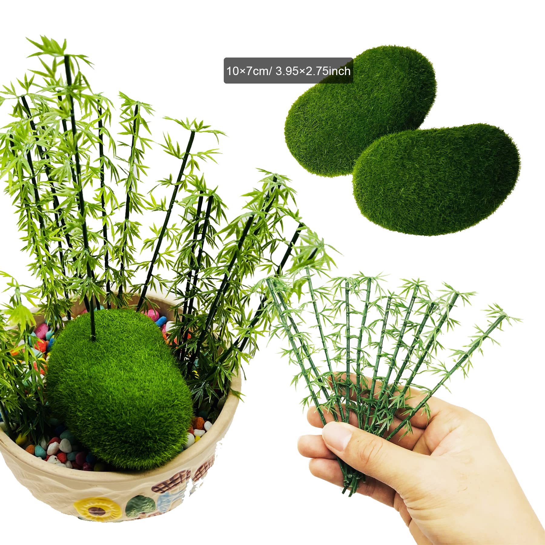 Woohome Miniature Bamboo Trees, 60 PCS Model Bamboo Trees Landscape Bamboo Tree and 2 PCS Fake Moss Rocks Decorative Moss Balls Model Artificial Plants for Home Decoration, Fairy Gardens