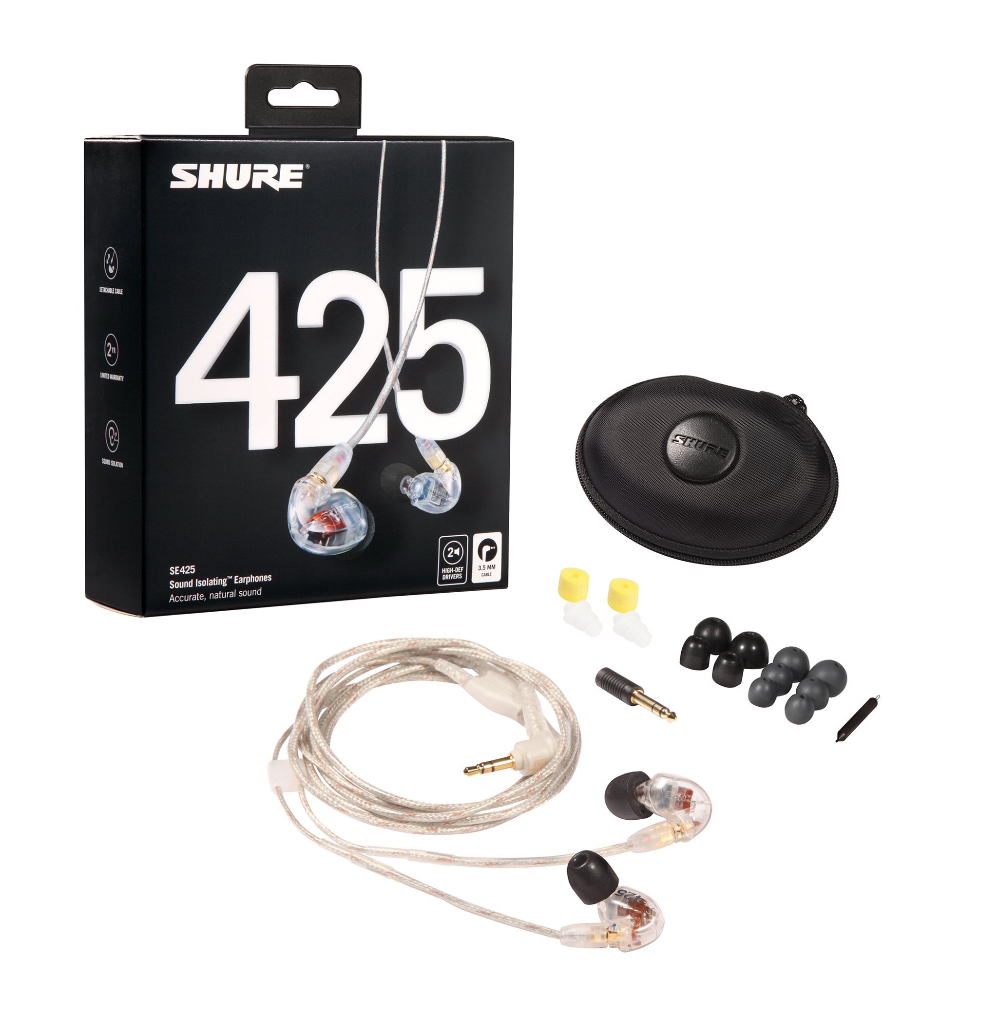 Shure SE425-CL Over Ear Professional Sound Isolating Earbuds, Clear Detachable Universal Communication Cable for Detachable Se Sound Isolating Earphones, Black