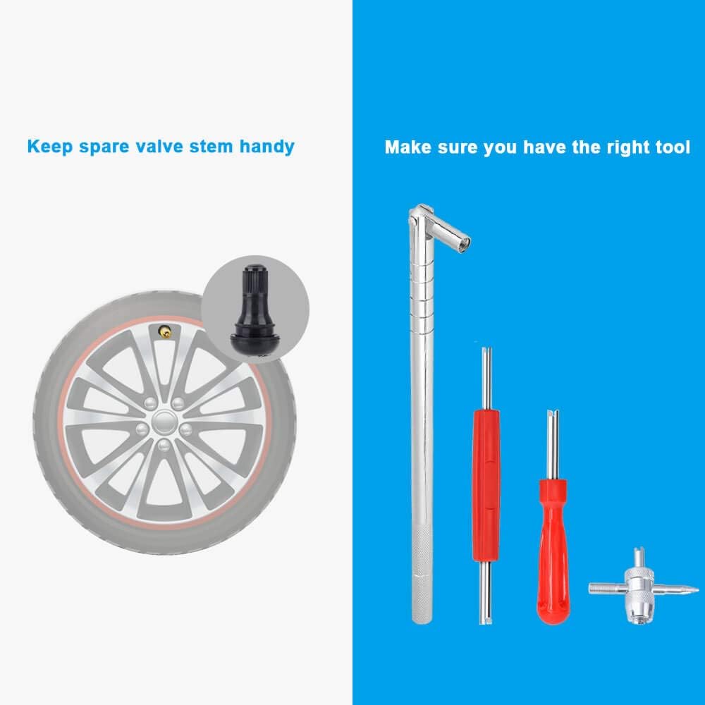 Riseuvo Valve Stem Puller Installer Tool - 10pcs TR412, 6pcs TR413, 6pcs TR414 Tire Snap in Short Rubber Valve Stem, 4 Way Valve Core Remover, Single Head Tire Valve Core Remover Installer Tool