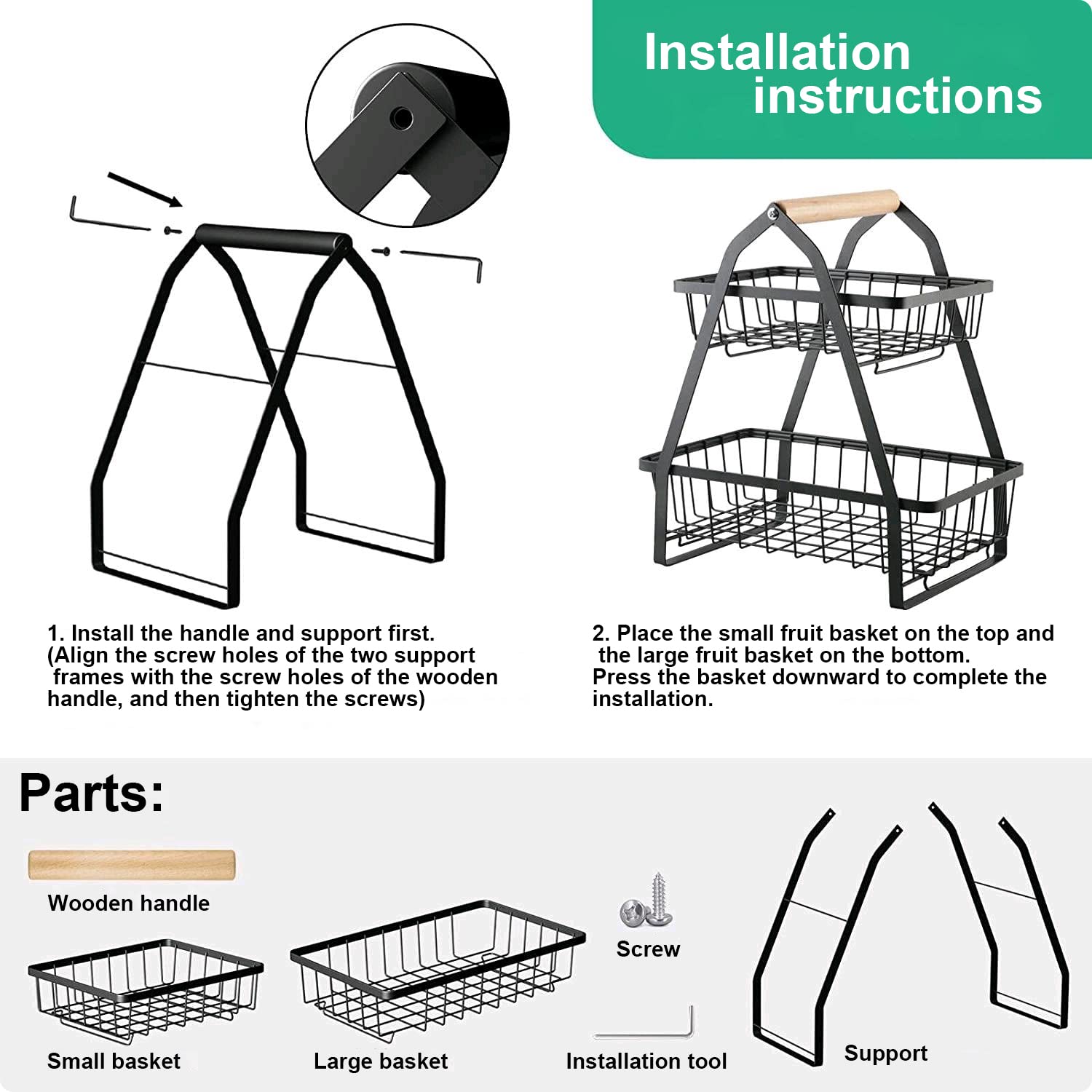 ZUOVAOV 2 Tier Countertop Fruit Basket, Removable Metal Rectangular Wire Basket, Black Vegetable Bread Basket Storage Rack, Kitchen Table Top Fruit Bowl (Black)