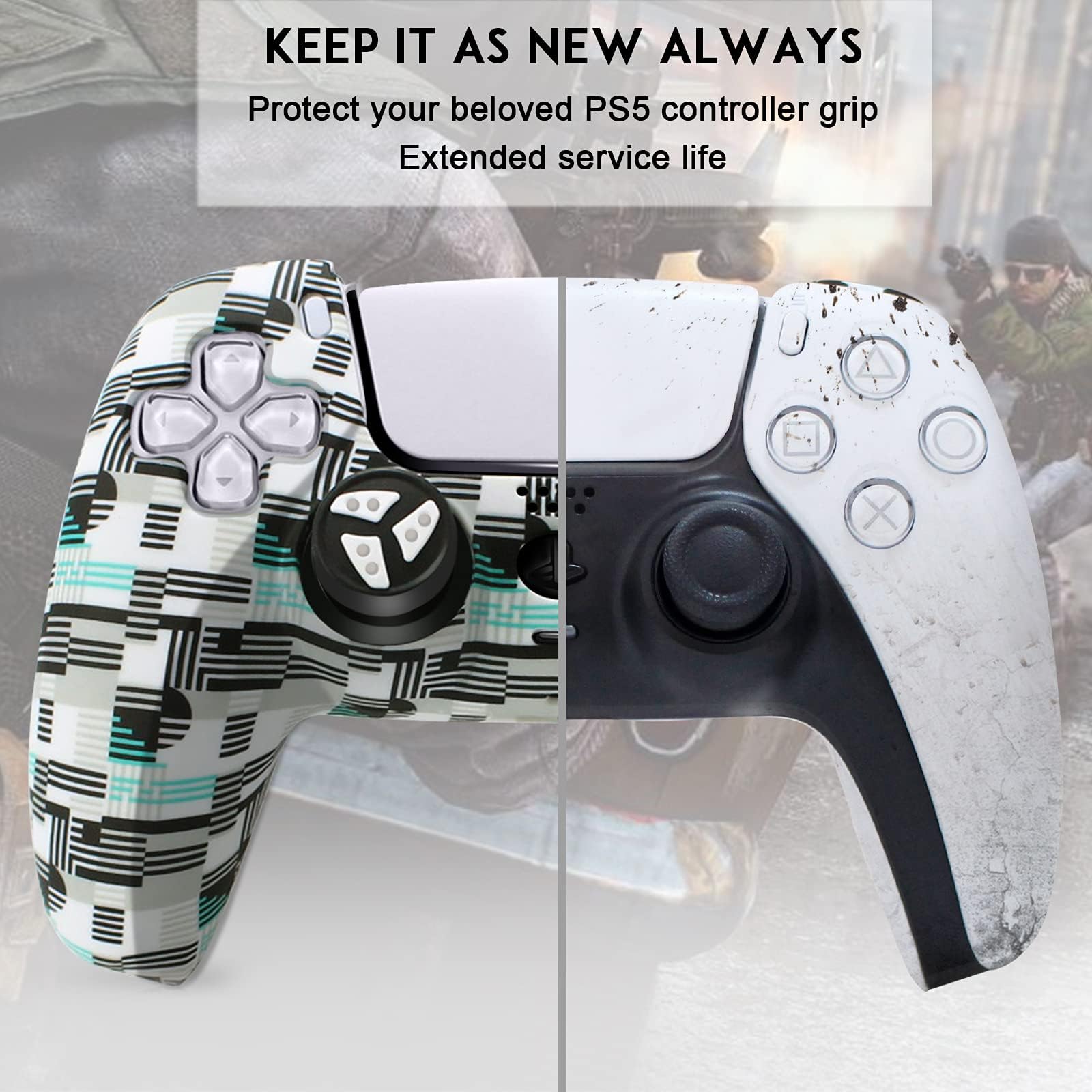 SIKEMAY PS5 Controller Cover Skin Case, Anti-Slip Thicken Silicone Protective, Perfectly Compatible with Playstation 5 Controller Grip with 10 x Thumb Grip Caps (Gray-Blue Plaid)