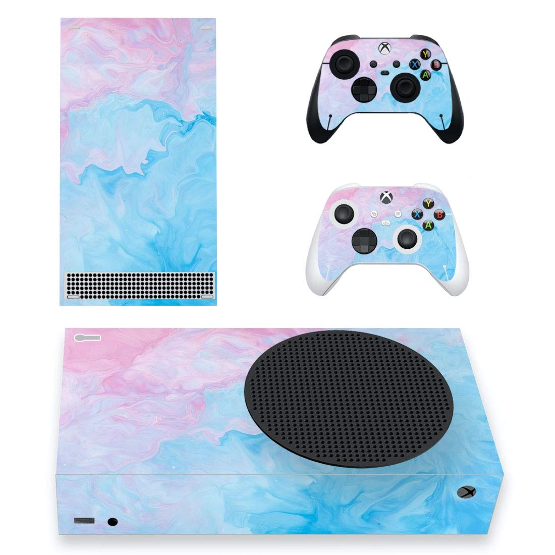 Watercolor Swirl Skin | Cute Pastel Vinyl Cover Wrap | Full Set Console 2 Controller Sticker | Compatible with Xbox (Series S, Pink Blue)