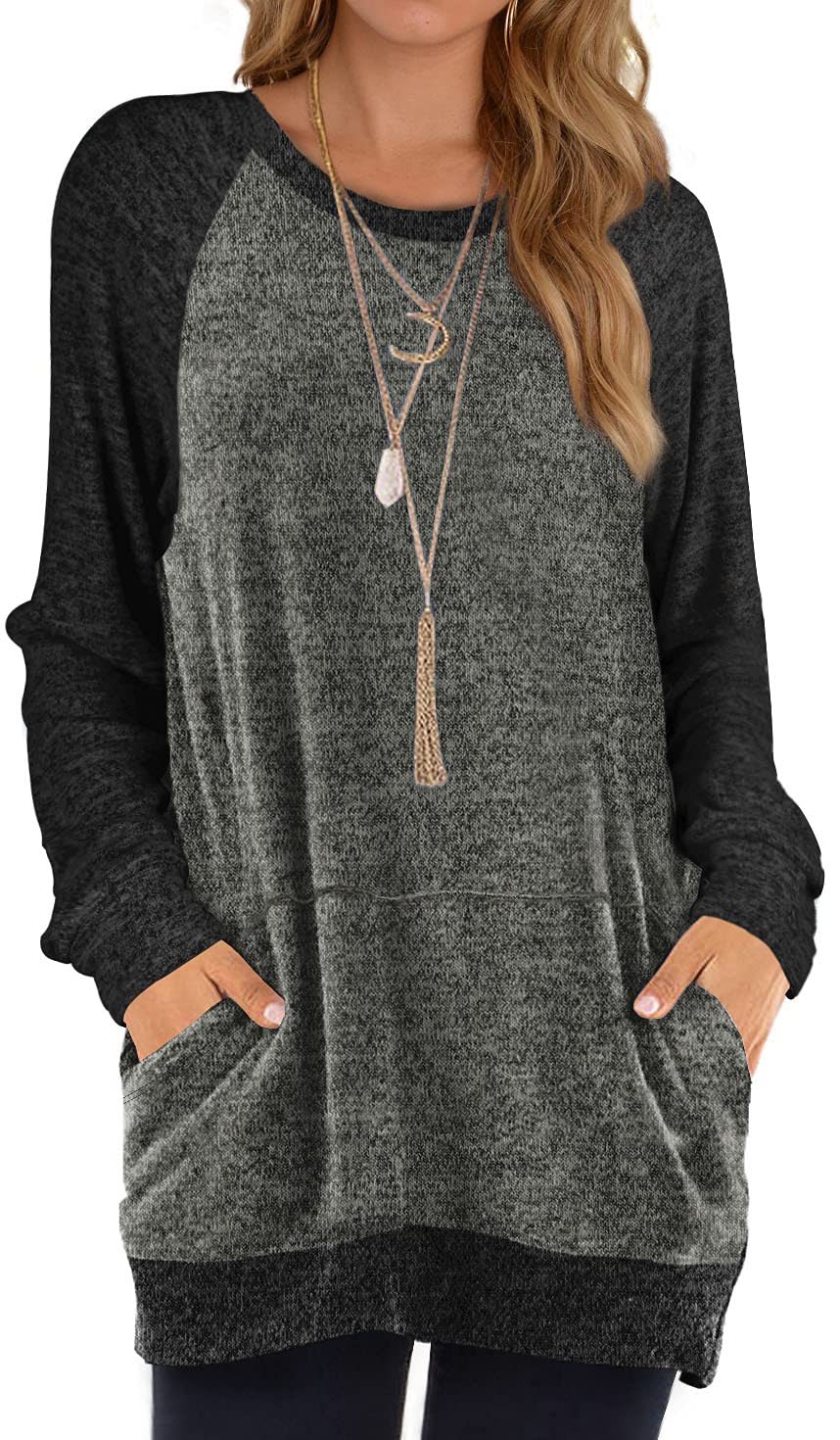 Tunic Sweatshirts for Women, Loose Long Sleeve Tunic Tops with Pockets Dark Gray L