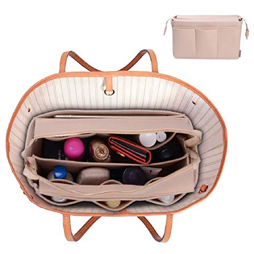 Purse Organizer Insert,Felt Bag Organizer with NEW Detachable Zipper cover, fits, St Lious, Tote and handbag shaper (Medium for St Louis PM, Beige)