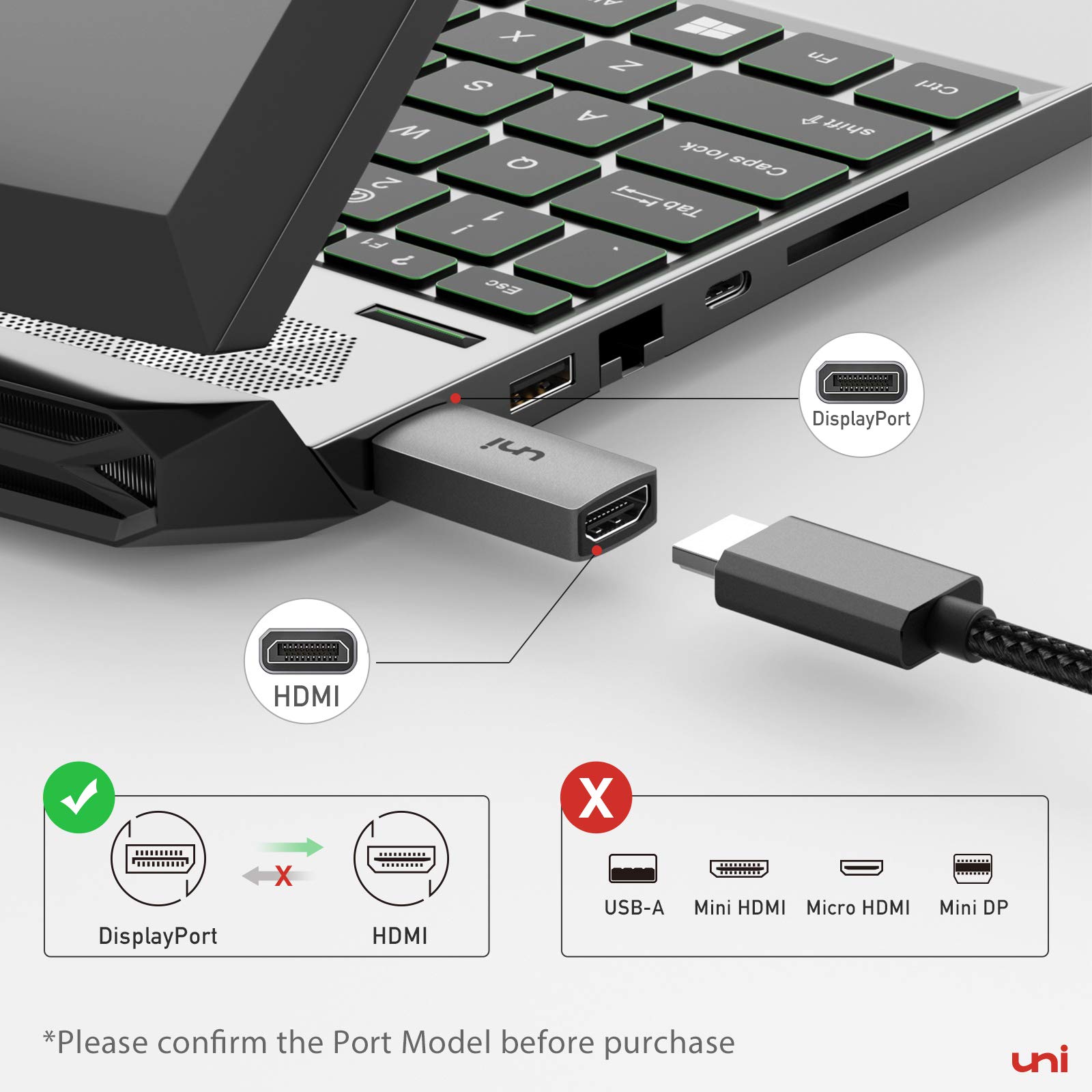 uni DisplayPort to HDMI Adapter, DisplayPort to HDMI Adapter (4K UHD) Directional DP to HDMI Converter Compatible for Lenovo, HP, DELL, GPU, AMD, NVIDIA and More