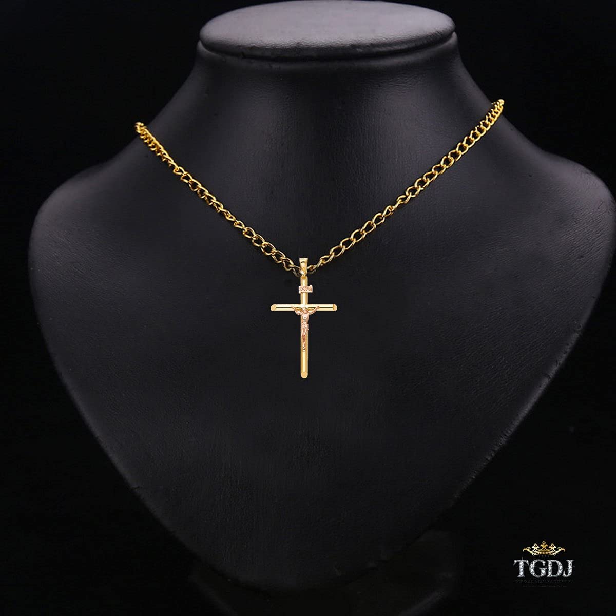 Solid 14K Yellow Rose Gold Crucifix Pendant - 38mm x 24mm Two Tone Jesus Cross Charm Religious Pendant - Suitable for Men & Women - Great Gift for Christmas & All Occasion