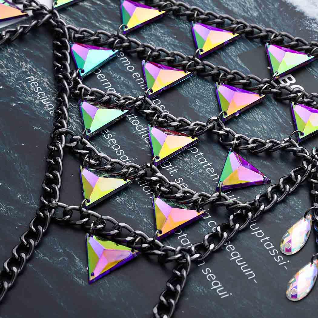 Salliy Boho Rhinestone Bikini Chain Set Silver Sexy Sequins Mesh Body Chains Summer Bra Body Jewelry for Women and Girls (F)