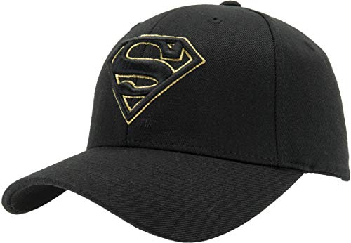 Superman Logo Flexfit Stretch-Fit Fitted Baseball Cap Hat (Medium~Large, Black/Gold Line)