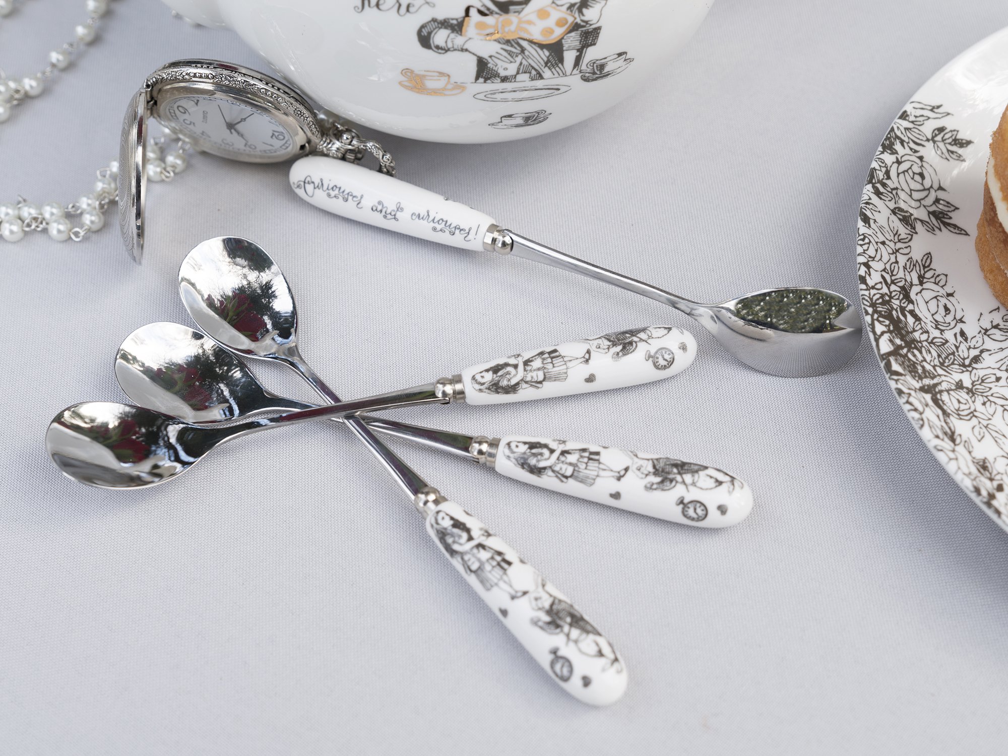V&A Alice in Wonderland Stainless Steel Teaspoons with Decorative Porcelain Handles, 15.5 cm (6") - White
