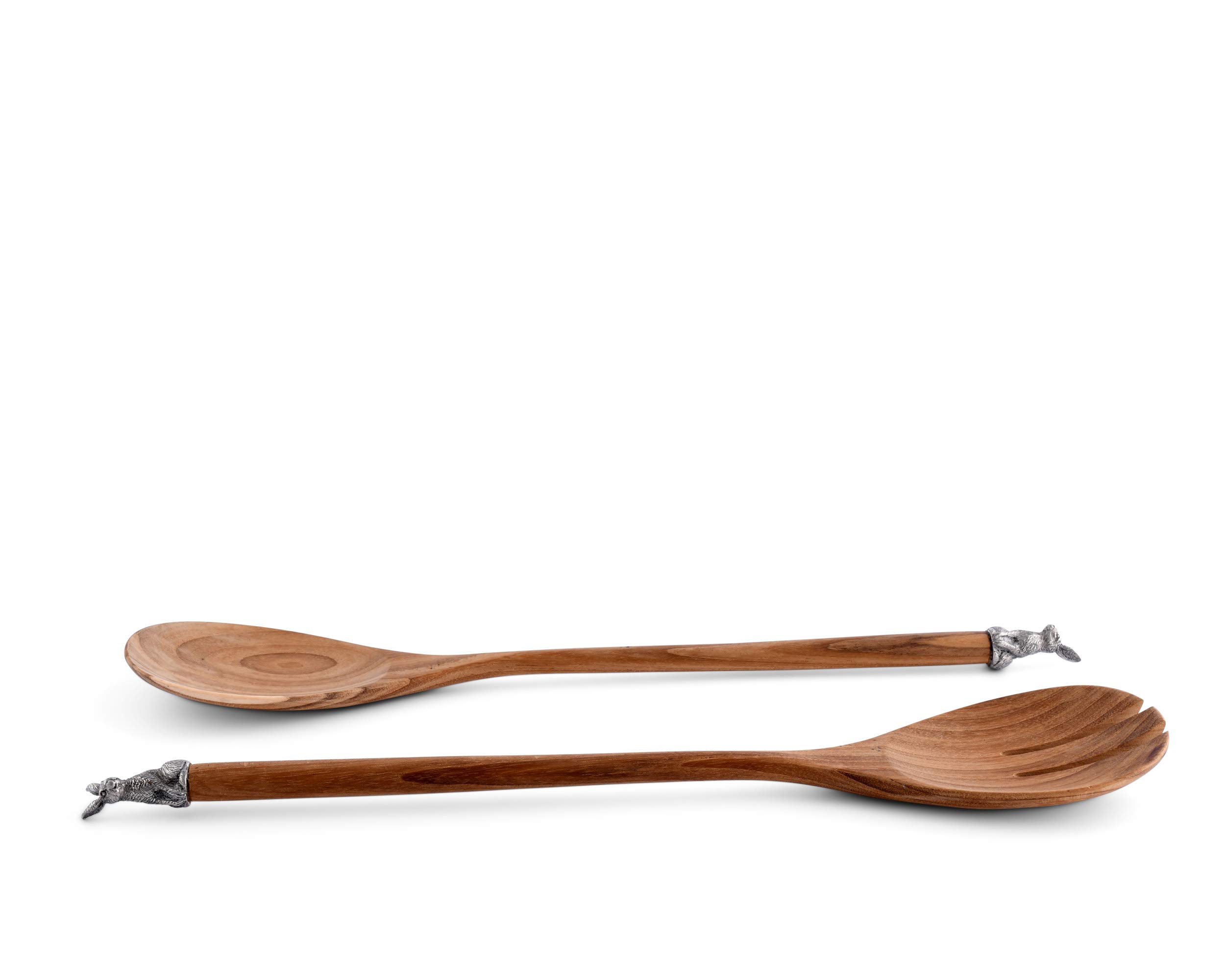 Vagabond House Teak Salad Servings with Pewter Bunny 14 Inch Long