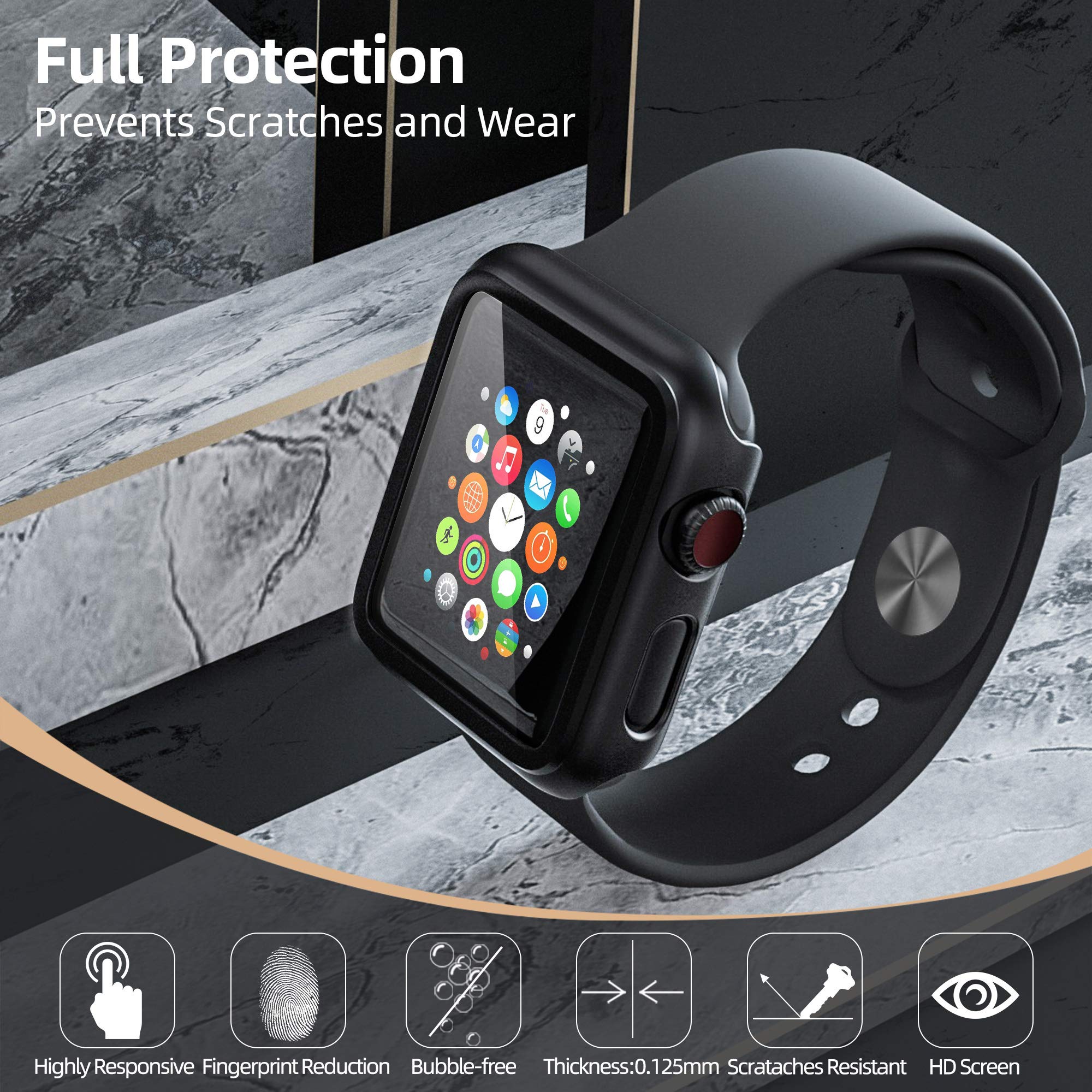 pzoz Compatible for Apple Watch Series 2 / Series 3 Case with Screen Protector 42mm Accessories Slim Guard Thin Bumper Full Coverage Matte Hard Cover Defense Edge for iWatch Women Men GPS (Black)