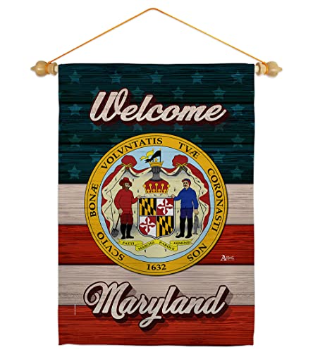 Welcome Maryland Garden Flag - Set Wood Dowel Americana States USA American Territories Republic Country Particular Area - House Decoration Banner Small Yard Gift Double-Sided Made in 13 X 18.5