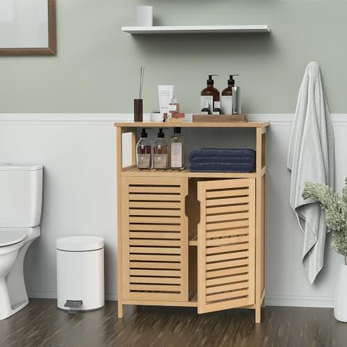 Purbambo Bamboo Bathroom Storage Cabinet with 2 Doors, Bathroom Floor Freestanding Cabinets Organizer for Living Room, Kitchen, Entryway