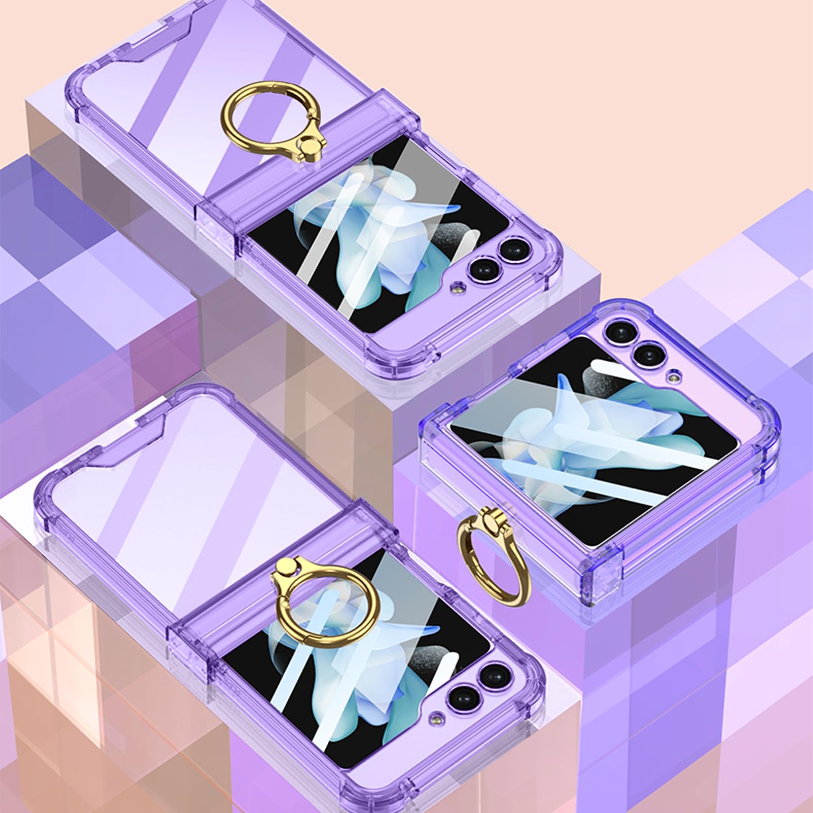 PUROOM for Samsung Galaxy Z Flip 5 Case Hinge Protection Luxury Soft Transparent with Ring Holder Built-in Screen Protector All-Inclusive Shockproof Case (Purple)