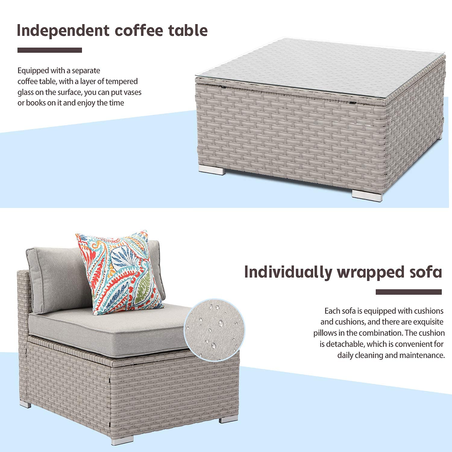 SUNBURY 7-Piece Outdoor Sectional Wicker Sofa in Gray Cushions, Gray Wicker Patio Furniture Set w Glasstop Table for Backyard Garden Porch