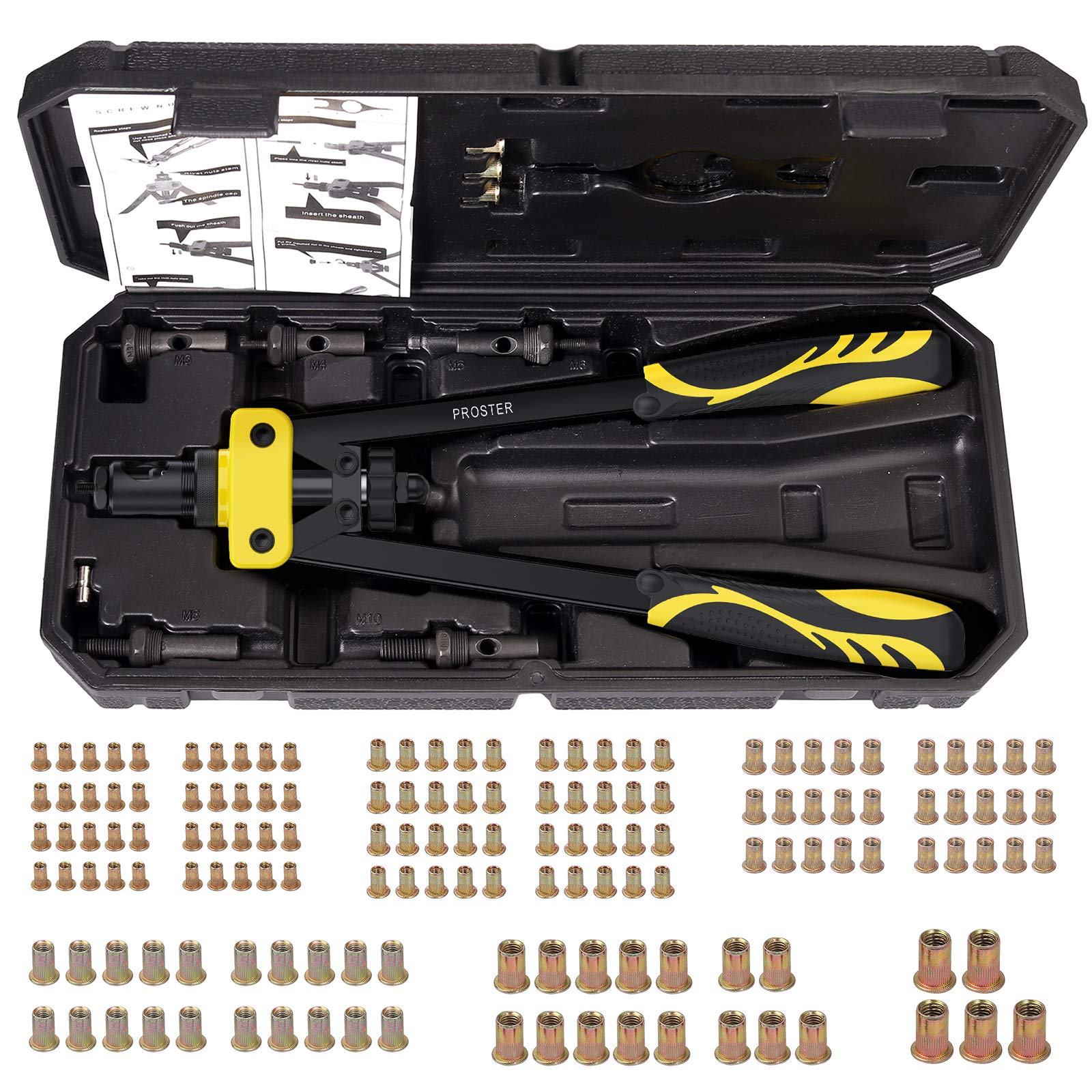 Rivet Nut Tool, Proster 14" Heavy Duty Hand Rivet Nut Thread Setter Kit with 6pcs Metric Mandrels, 150pcs Rivet Nuts