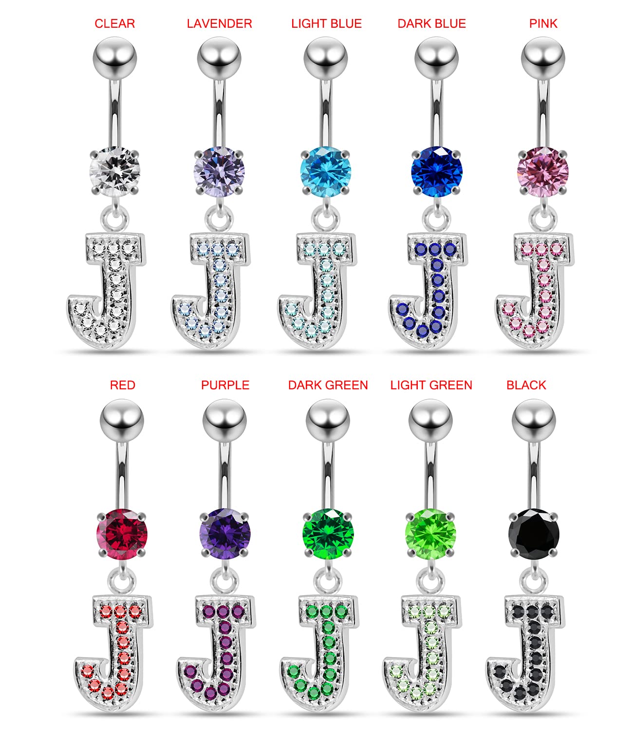 Purple CZ Stone J Alphabet Dangling Design 925 Sterling Silver Belly Button Piercing Ring Jewelry