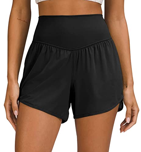 Women's High Waisted Yoga Shorts Mesh Elastic Waist Running Athletic Workout Quick Dry Shorts Black