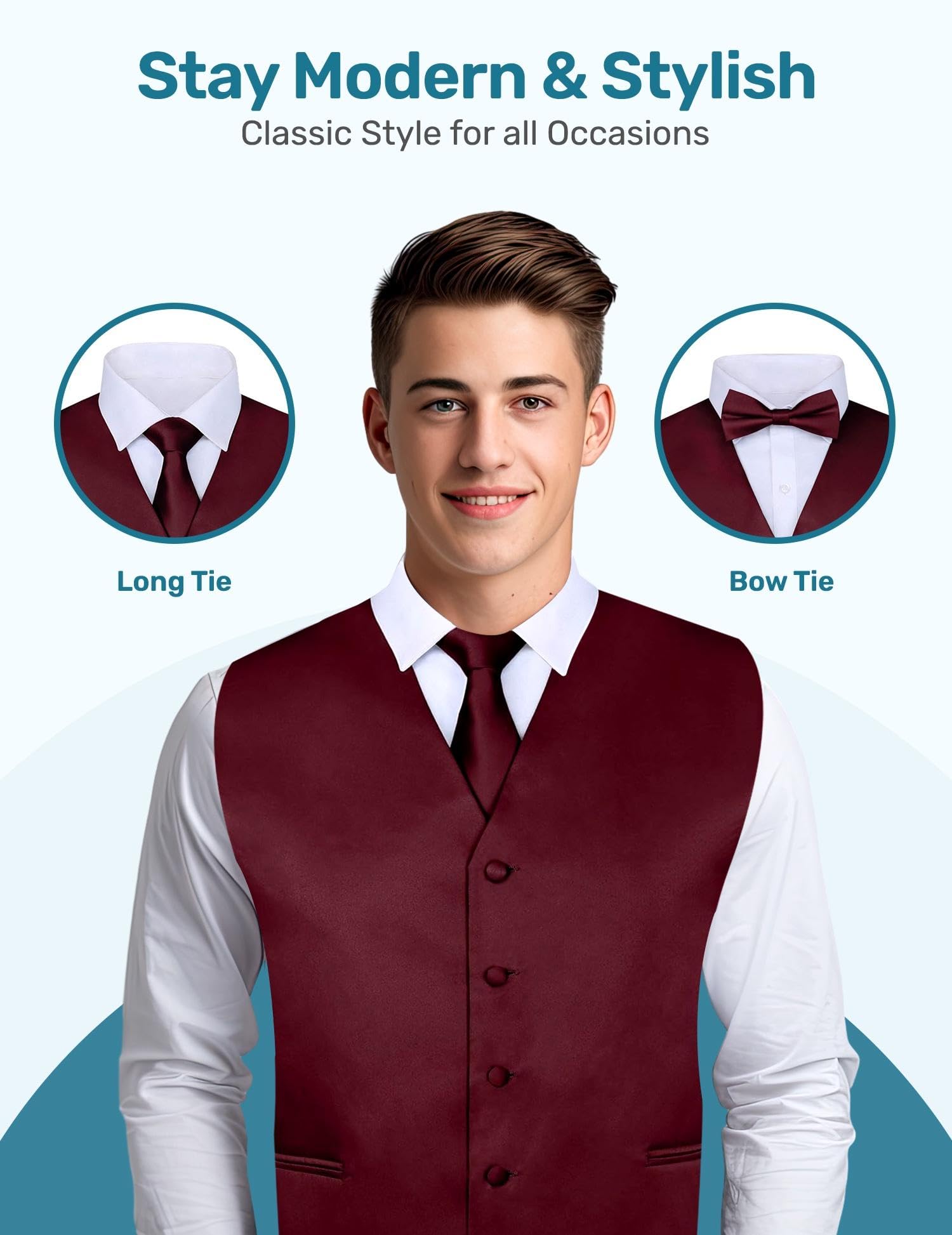 S.H. Churchill & Co. Men's 4 Piece Vest Set, with Bow Tie, Neck Tie & Pocket Hankie - Burgundy, XL