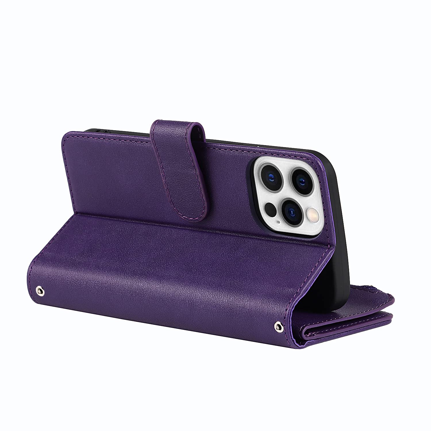 SailorTech Wallet Phone Case Design for iPhone 14 Pro 9 Card Holder 1 Zipper Coin Wallet 2 Cash Slot Kickstand Lanyard Flip Leather Cover Purple