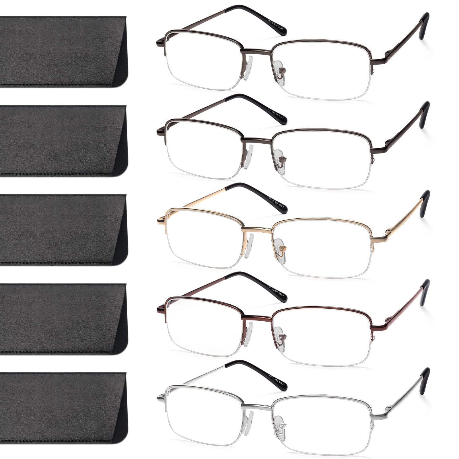 NOVIVON 5 Pack Reading Glasses for Men, Metal Blue Light Blocking Readers with Spring Hinges, Anti Eye Strain Eyeglasses (Gunmetal*2, Gold, Silver, Brown, 2.75)