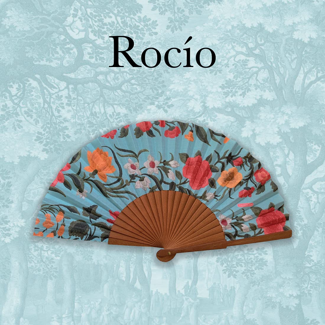 Tusitala Barcelona - Rocío Hand Fan | Handcrafted Spanish Hand Fan | Cotton Fabric and Wood | Includes Protective Jute Cotton Bag | Authentic Gift | 23cm - 9”.