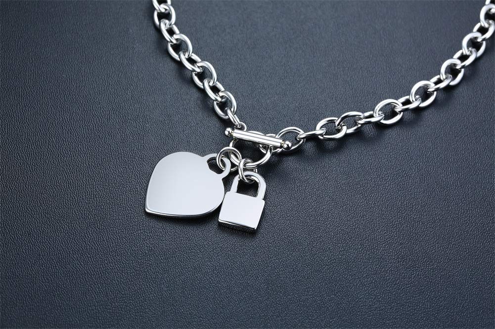 VNOX Personalized Initial Name Stainless Steel Trendy Cable Chain Bracelet Neckalce Set with Padlock Heart Charm and Toggle Clasp Closure