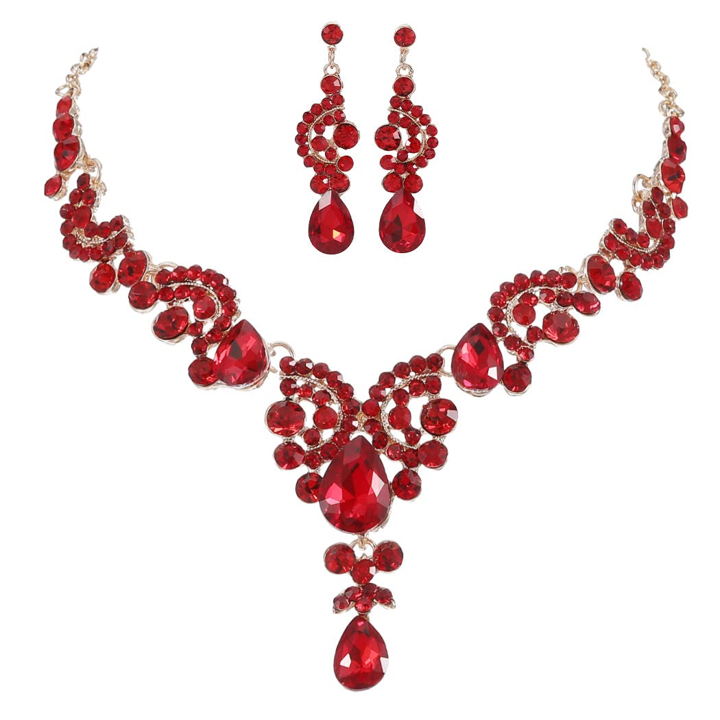 Unicra Bride Wedding Jewelry Sets Crystal Bridal Necklace Earrings Set Rhinestone Choker Necklace Prom Costume Jewelry for Women and Brides (Red)