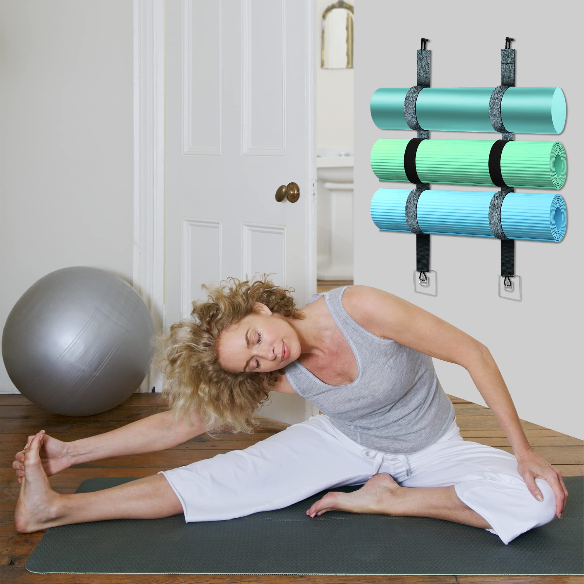 YeeBeny Yoga Mat storage cloth belt with Extra Thick, Durable and Comfy Delicate Texture, 3-Tiered Fabric strap design, space-saving and easy to store, Multifunctional Yoga Mat Storage Rack