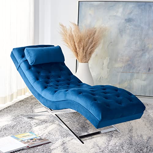 Safavieh Home Collection Monroe Navy Velvet and Chrome Chaise with Headrest Pillow