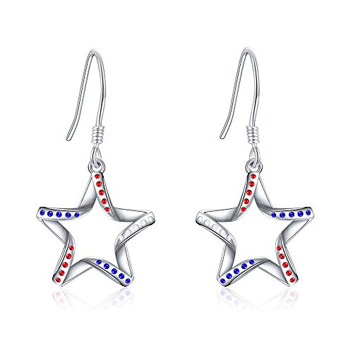 USA Flag Dangle Earrings for Women: 925 Sterling Silver American Patriotic Red White and Blue Star Drop Earrings America Independence Day 4th of July Patriotic Jewelry Gifts (Star)