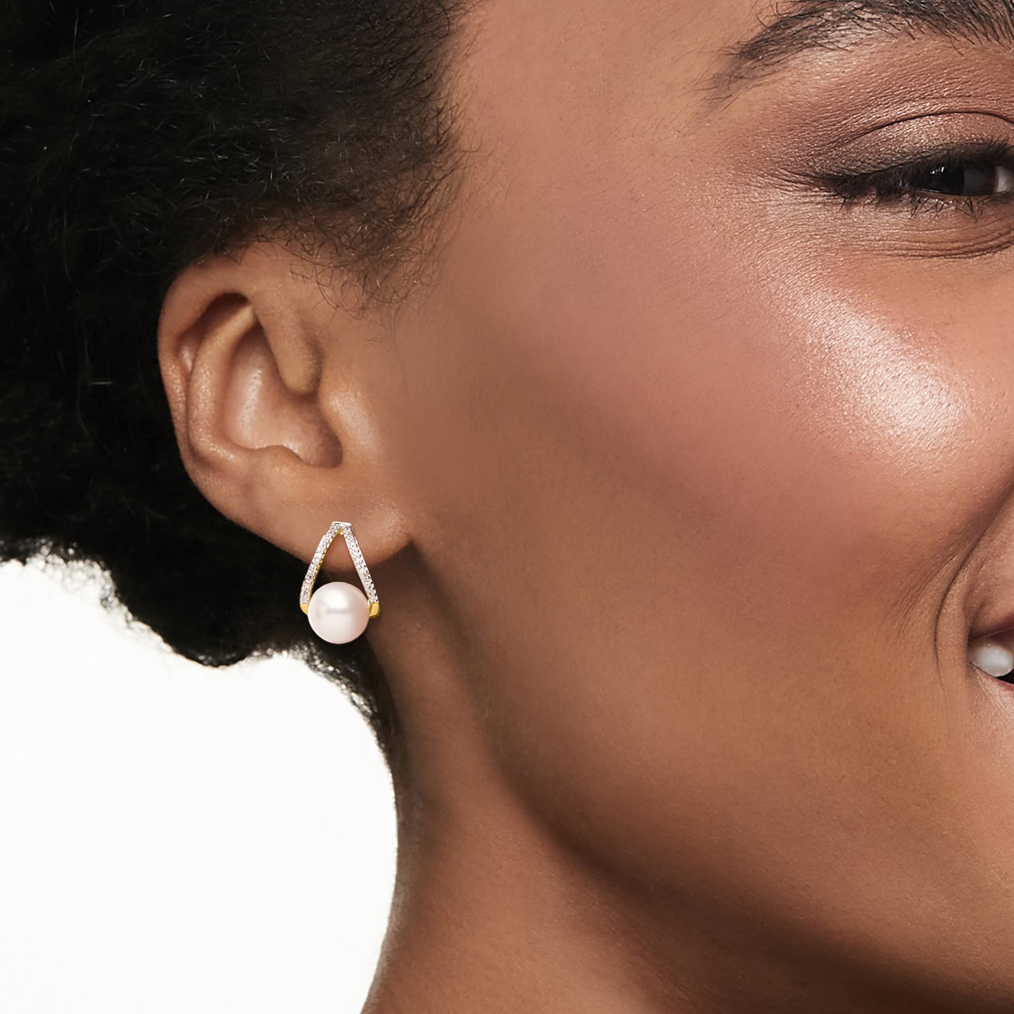 Ross-Simons 8-8.5mm Cultured Pearl and .12 ct. t.w. Diamond Drop Earrings in 14kt Yellow Gold
