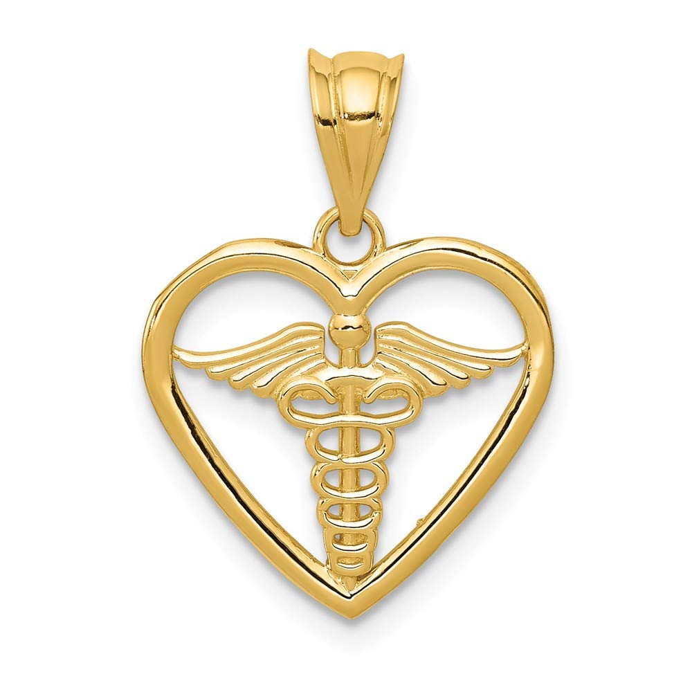 Solid 14k Yellow Gold RN Registered Nurse Caduceus Symbol Heart RN Registered Nurse Caduceus Symbol Medical Emergency Alert Pendant Charm - 22mm x 16mm