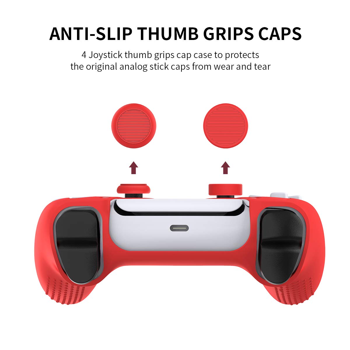 TOLUOHU Silicone Case Cover Skins for Sony PS5 DualSense Controller, Anti-Slip Design Silicone Protector Case Accessories Set for Playstation 5 Gamepad with 4 Thumb Grips/1 Hand Strap(Red)