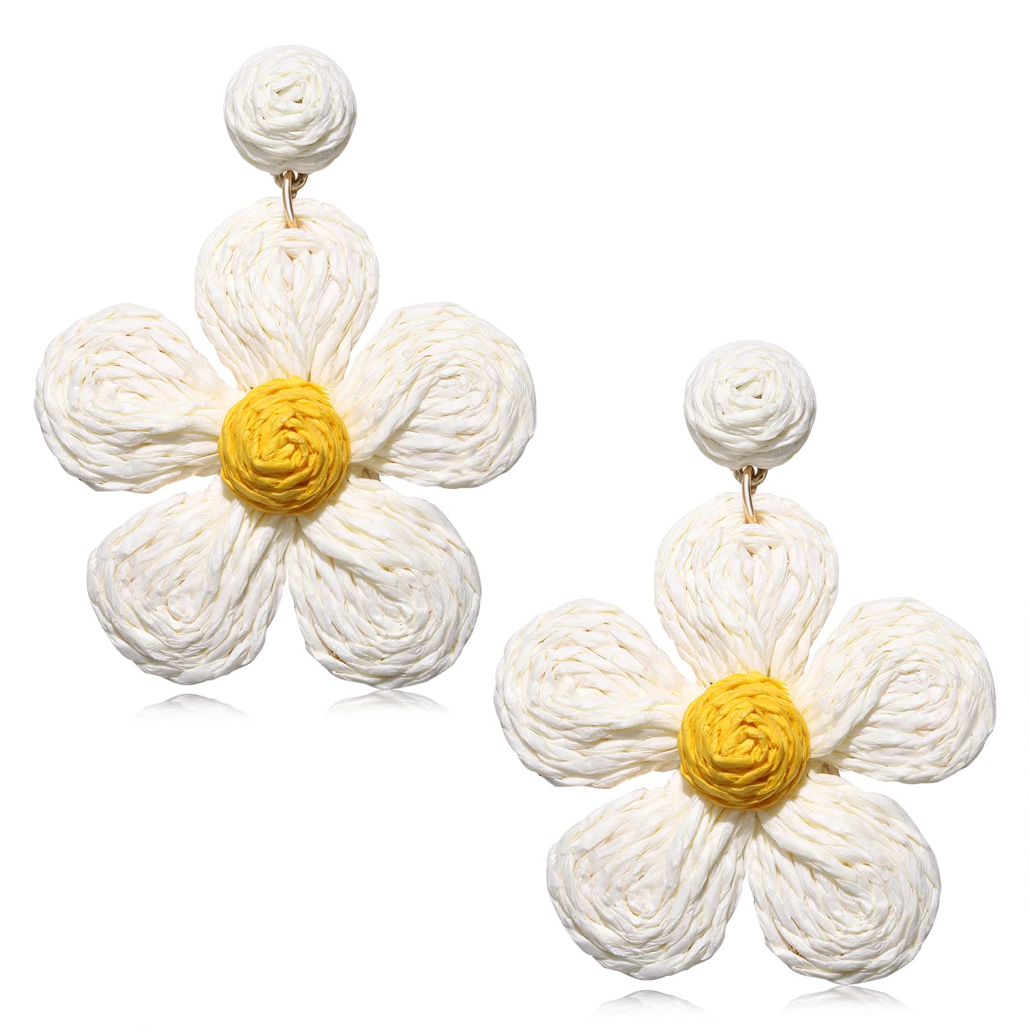 Vogueknock Rattan Earrings for Women Statement Boho Raffia Straw Wrapped Flower Drop Dangle Earrings Summer Tropical Beach Jewelry (Beige)