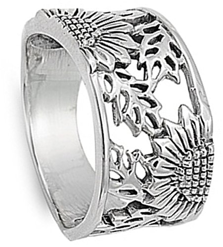 Sterling Silver Women's Sunflower Ring Flower 925 Wide Band 14mm Size 8