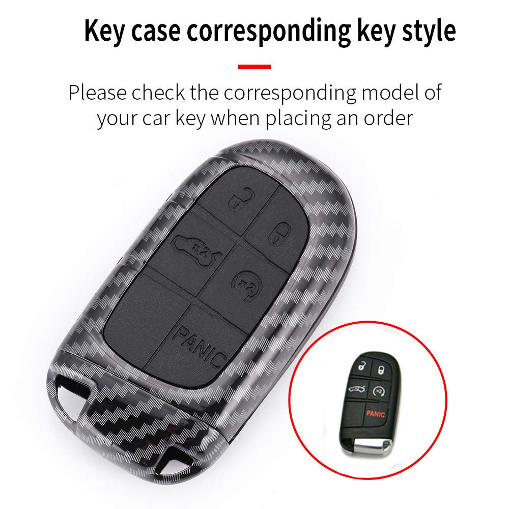 WFMJ Black Carbon Fiber + Silicone Button Smart Remote 5 Buttons Key Fob Cover Case Shell Fob for Jeep Grand Cherokee Dodge Challenger Charger Dart Durango Journey Chrysler 300