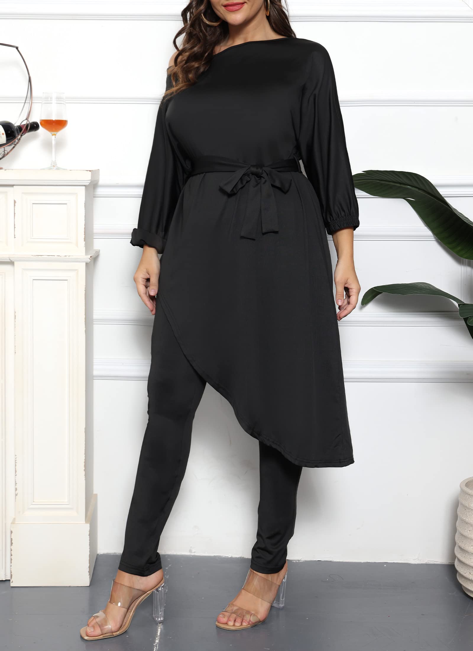 Volemo Plus Size Outfits for Women Tracksuits One Shoulder Asymmetrical Hem Top Skinny Pants 2 Piece Loungewear Black S