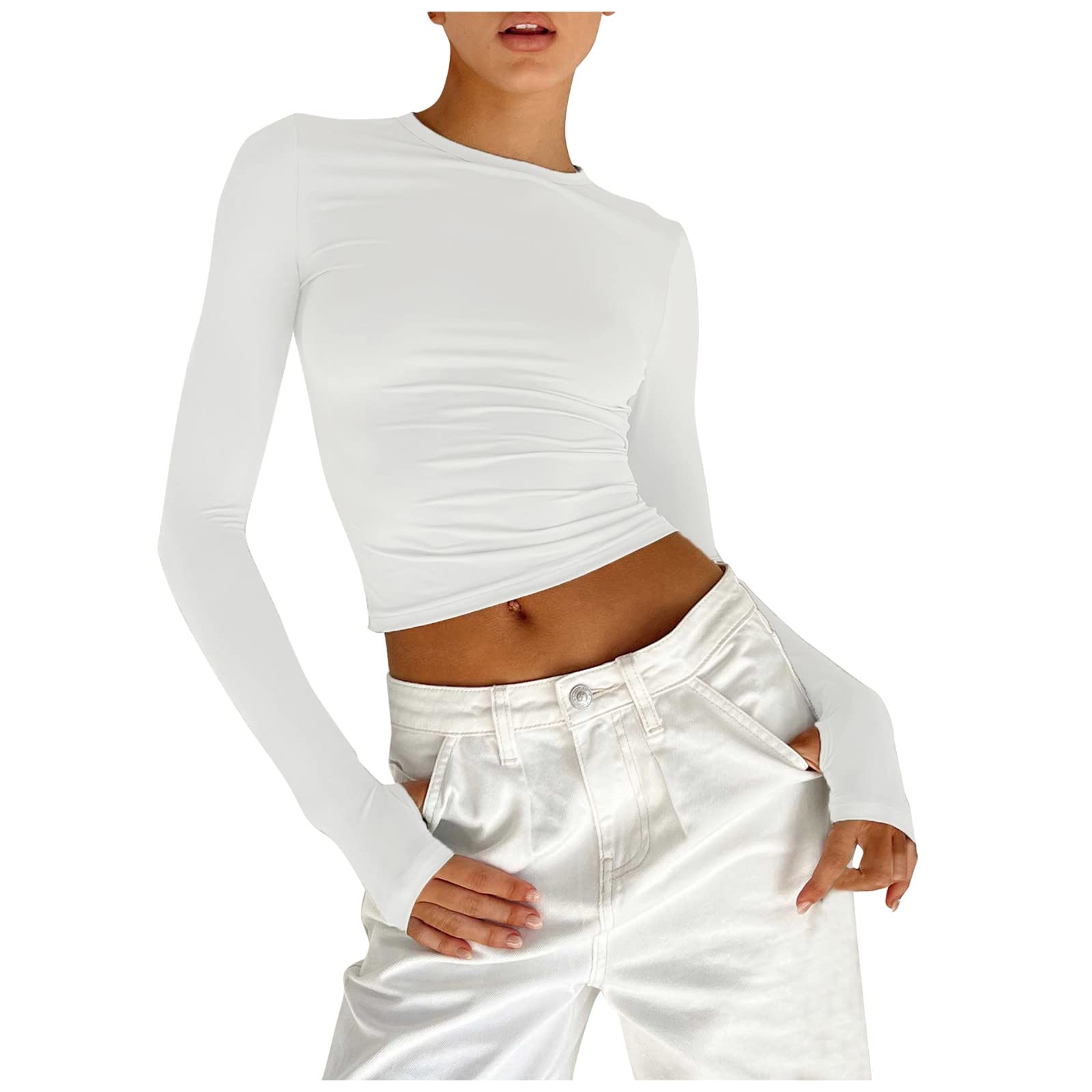 Women's Y2Ks Slim Fitted Long Sleeve Crop Tops Skinnys Crew Neck Layer Tee Tops Skimss Dupess Workout Yoga Basic Tees A-White