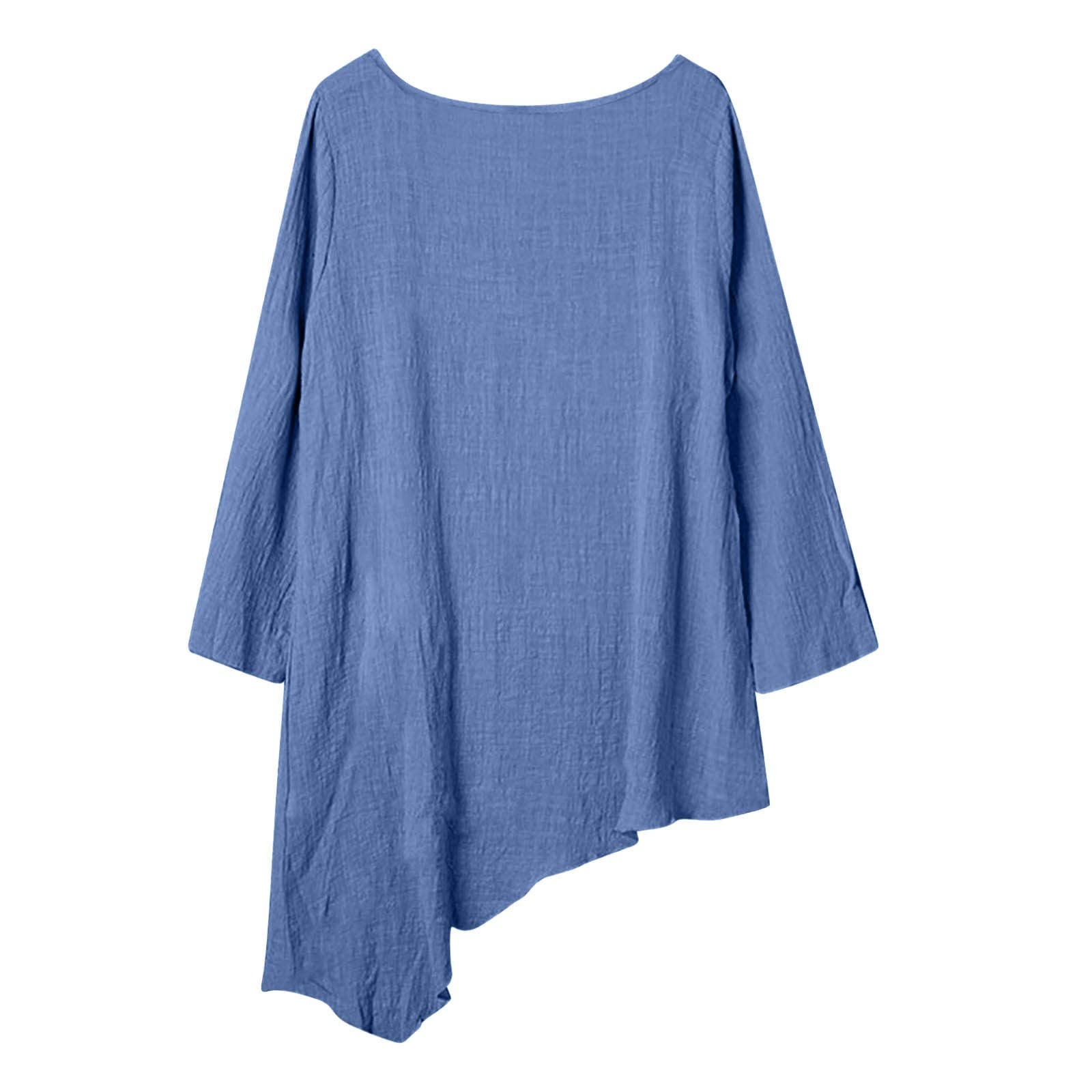 Women‘s Irregular Cotton Linen Tops Loose Printed Pullover Round Neck Shirts Fashion Thin Comfy Long Sleeve T Shirts