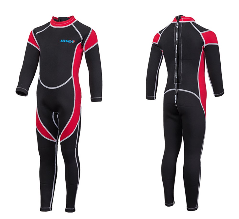 SAILBEE 2MM Neoprene One Piece Full Wetsuits for Kids Boys Girls Back Zipper Swimsuit UV Protection (M016 Red, Size 6)