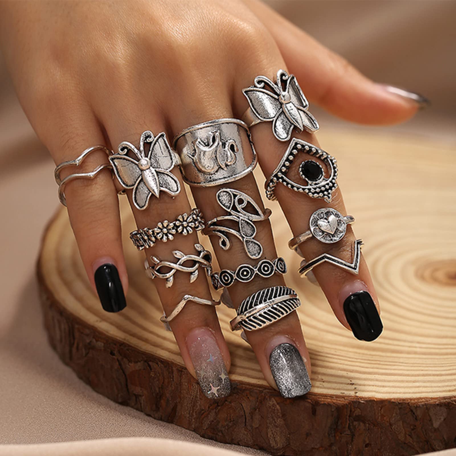 YEEZII 78 PCS Vintage Silver Knuckle Rings Set for Women, Bohemian Stackable Joint Finger Midi Rings, Boho Butterfly Snake Crystal Stacking Rings Pack for Gift