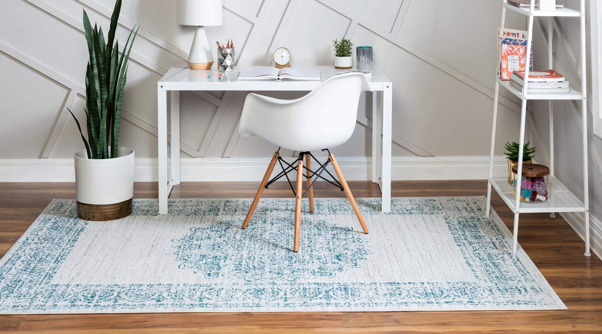 Unique Loom Aarhus Collection Vintage Border Area Rug_AAR003, 5 ft x 7 ft 9 in, Cream/Teal