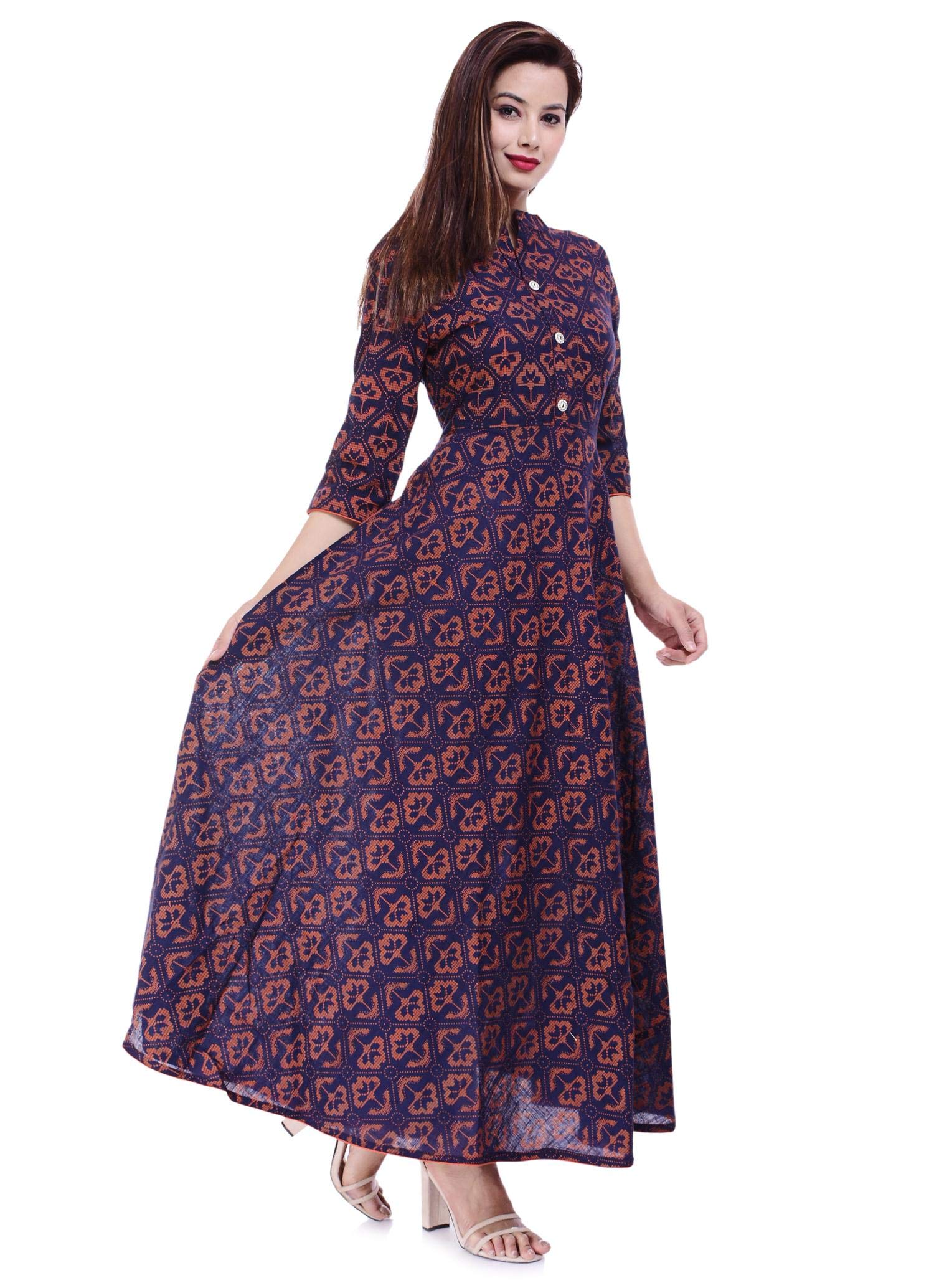 Ramkudi Indian Women's Printed Cotton Kurti Top (Blue-Brown)