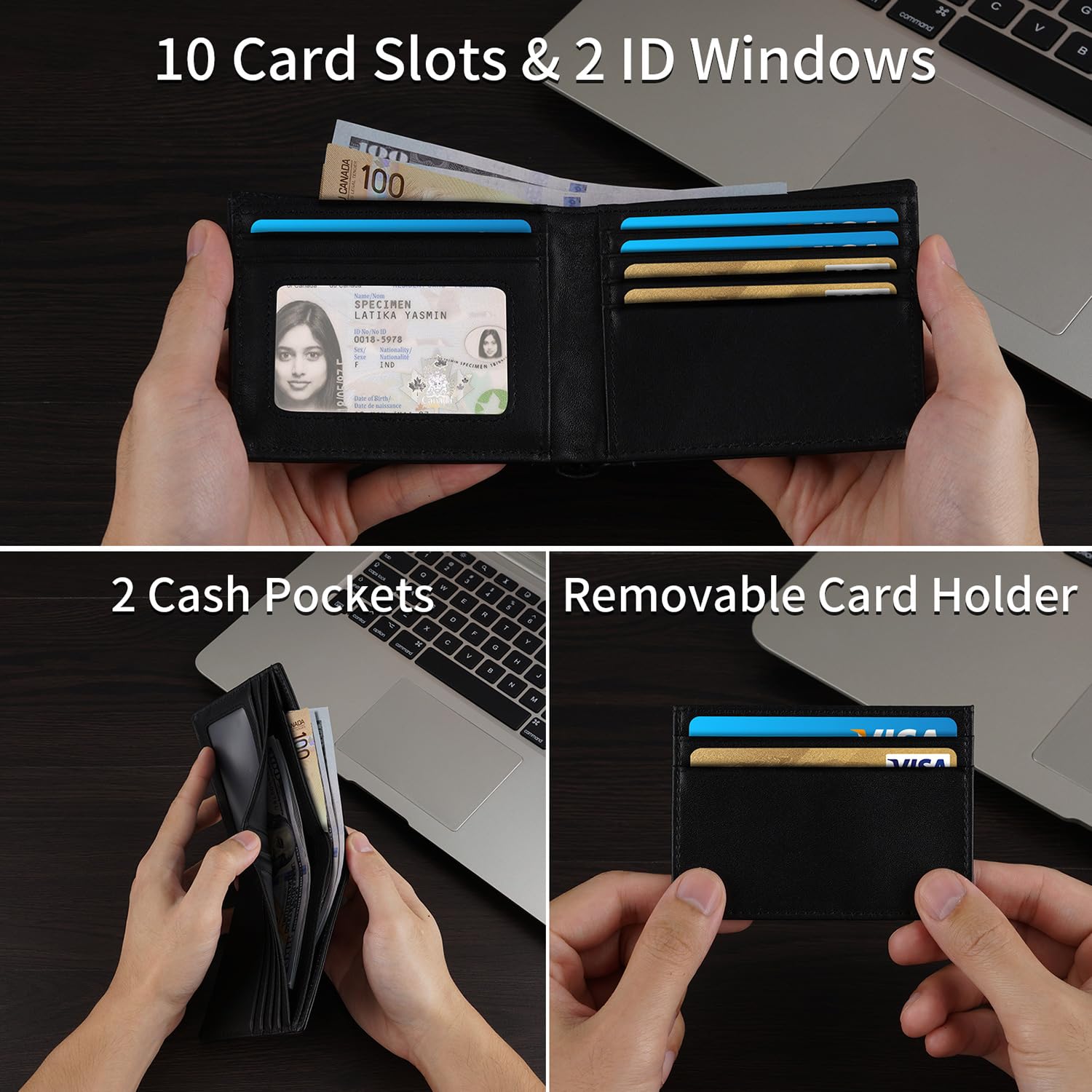 Swallowmall Mens Wallet RFID Genuine Leather Slim Bifold Wallets For Men Removable ID Windows 11 Cards Holders Gift Box