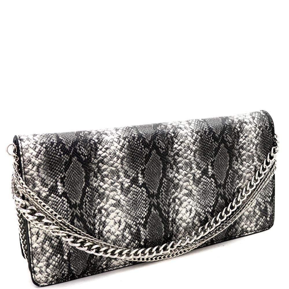 Trendeology Chain Multicolored Snake Crocodile Print Long Party Clutch Purse Shoulder Bag (2Snake Print - Black)