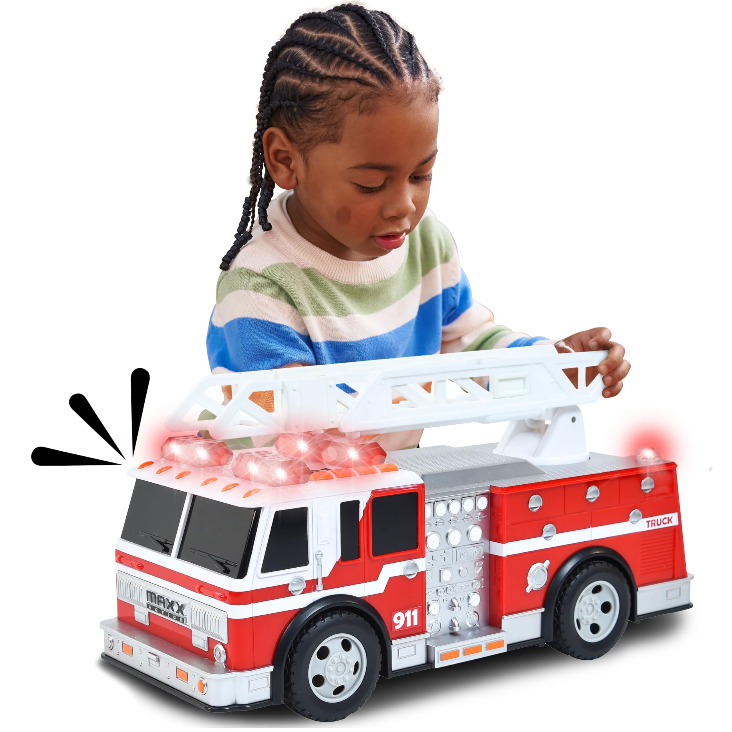Sunny Days Entertainment Maxx Action 12āā Large Fire Truck ā Lights and Sounds Vehicle with Extendable Ladder | Motorized Drive and Soft Grip Tires | Red Firetruck Toys for Kids 3-8