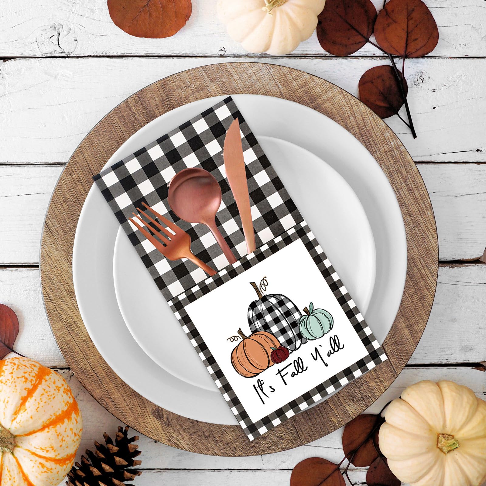 Whaline 36Pcs Fall Thanksgiving Utensil Cutlery Holders Buffalo Plaids Pumpkin Knife Forks Silverware Paper Pouch Bags Autumn Harvest Cutlery Wraps Tableware Holder for Dinner Table Setting Decor